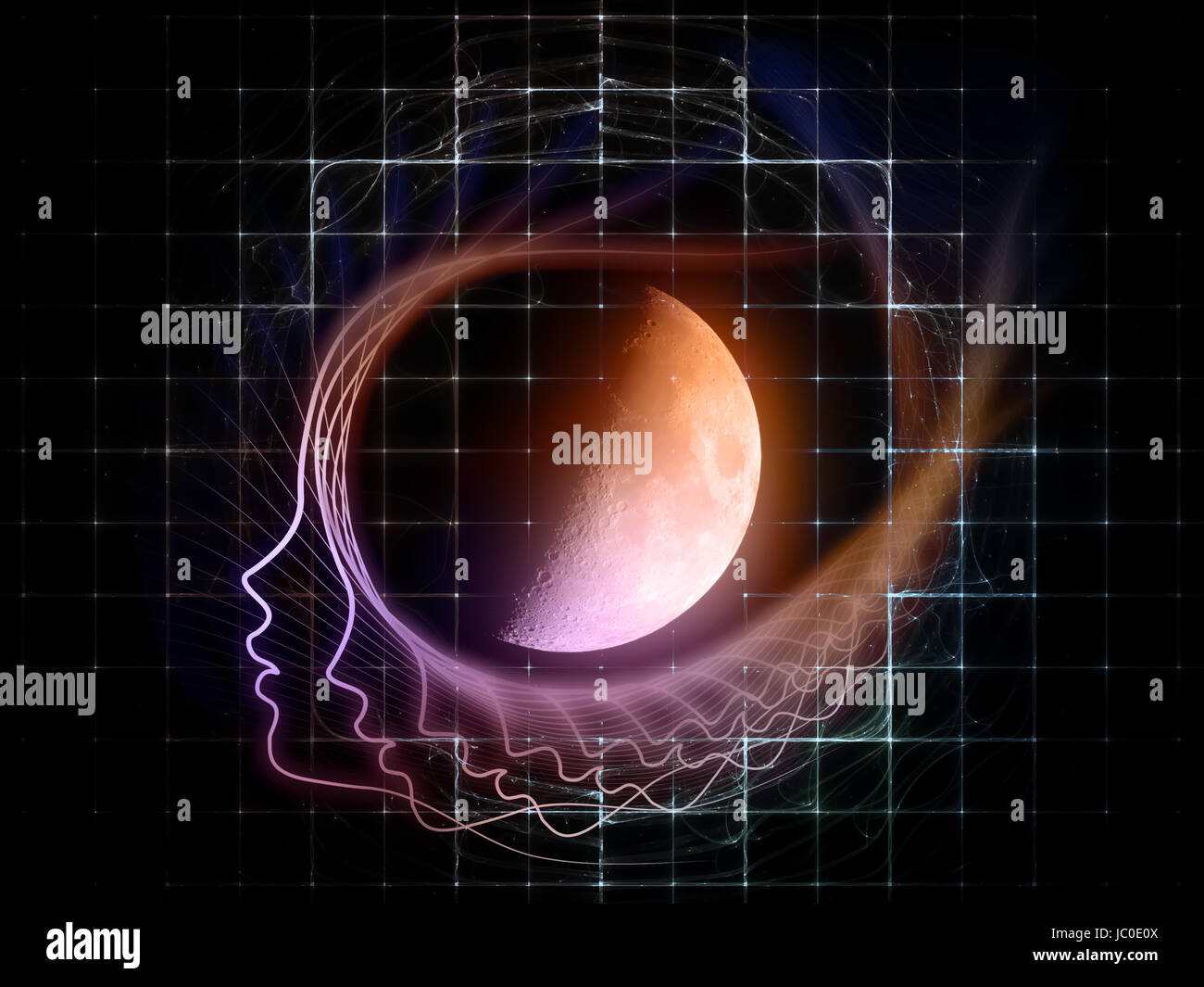Inner Moon series. Arrangement of moon, human profile and design ...