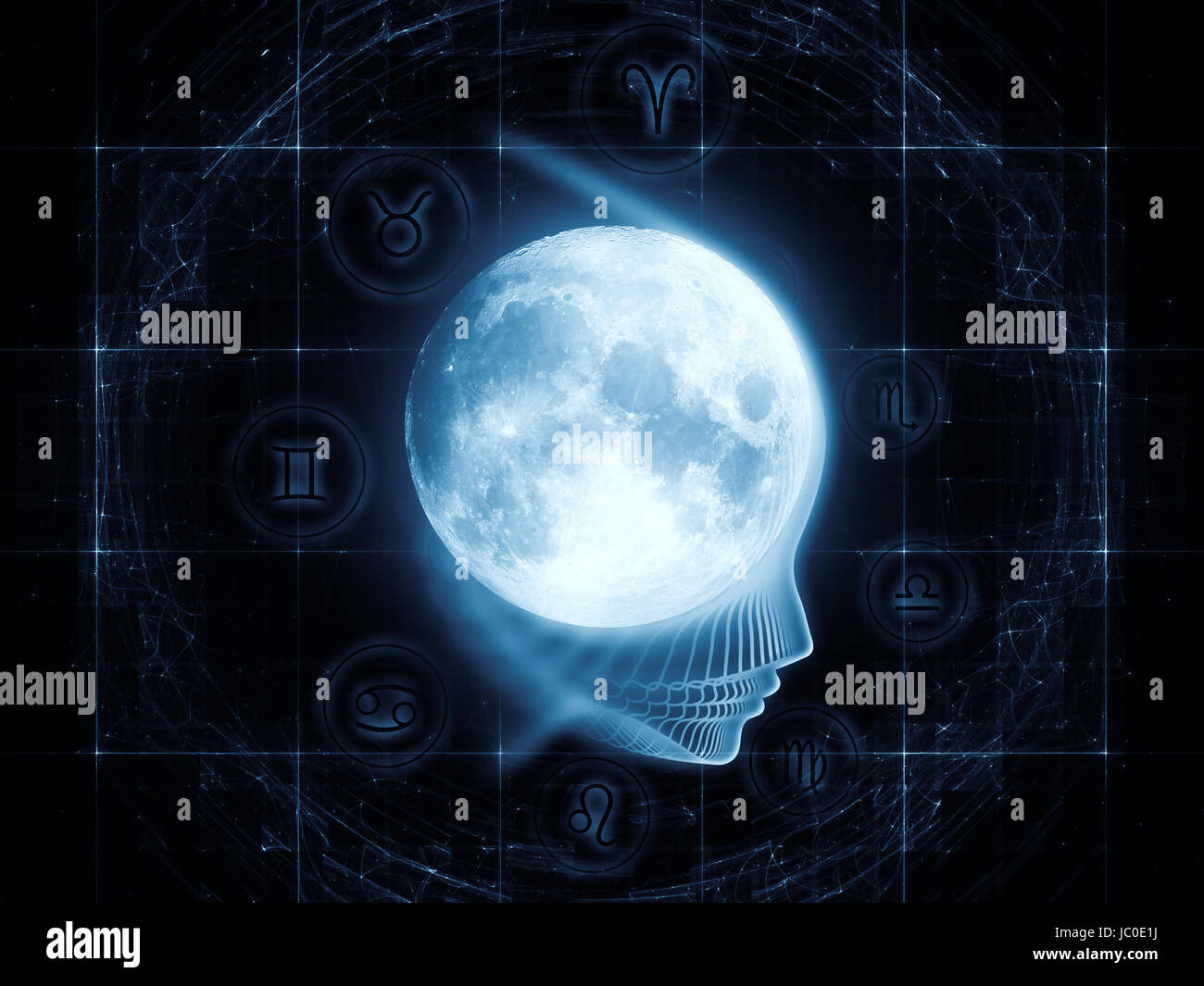 Inner Moon series. Composition of moon, human profile and astrological ...