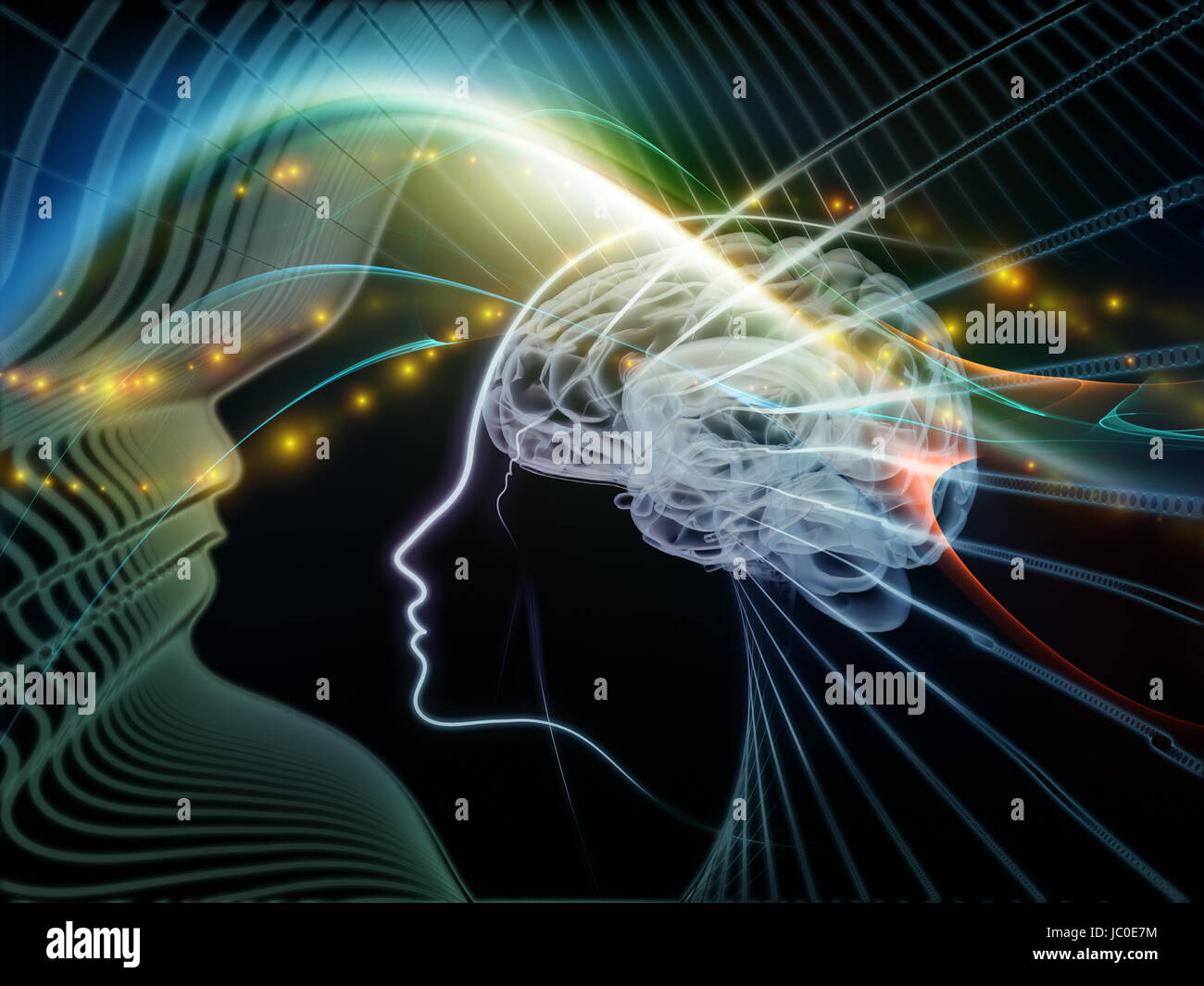 Human Mind series. Arrangement of brain, human outlines and fractal ...
