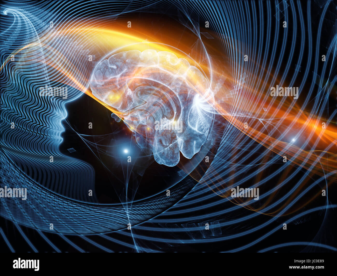 Human Mind series. Composition of brain, human outlines and fractal ...