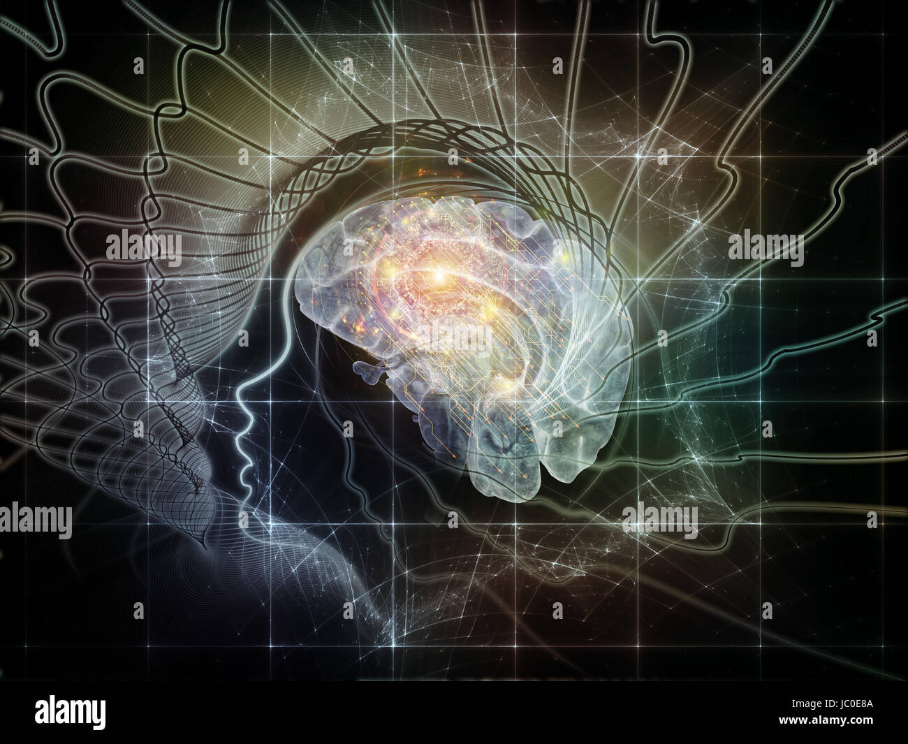 Human Mind series. Composition of brain, human outlines and fractal ...