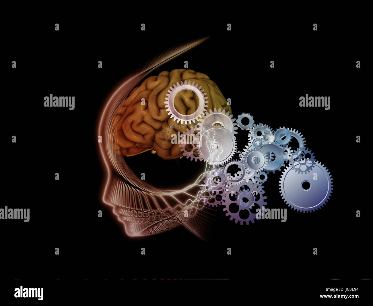 Human Mind series. Creative arrangement of brain, human outlines and ...