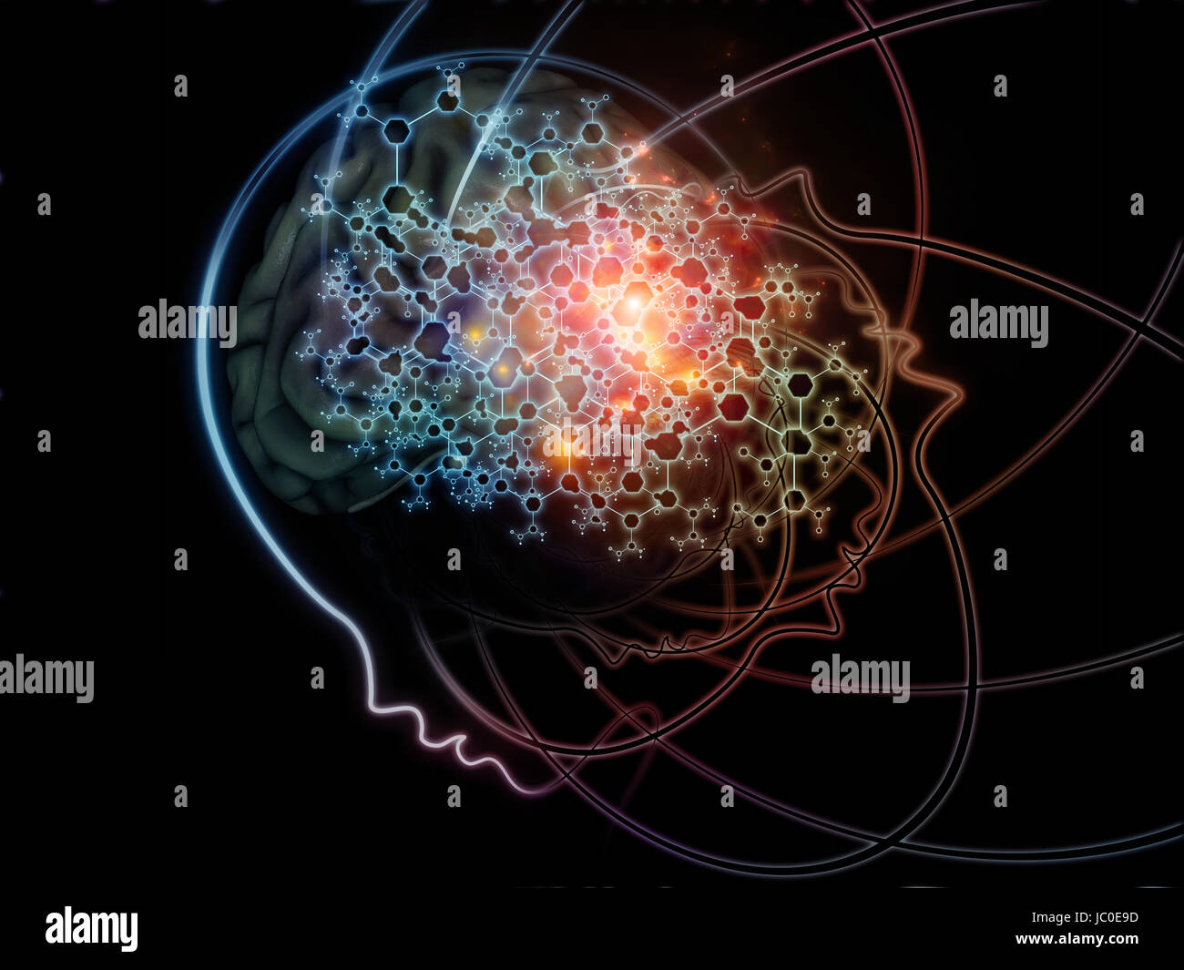 Human Mind series. Graphic composition of brain, human outlines and ...