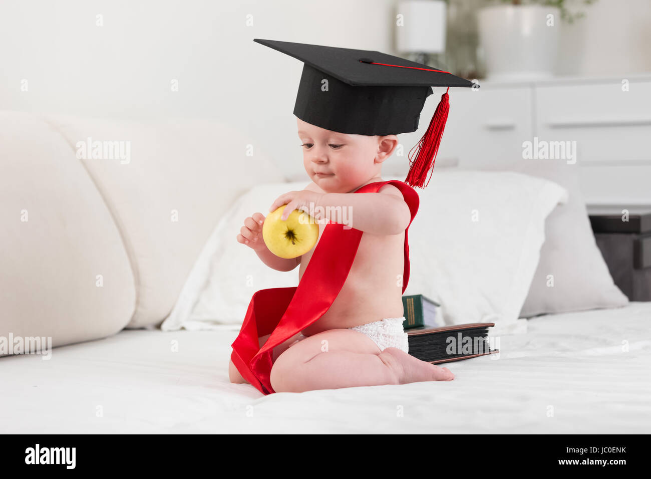 Portrait of 10 months old baby boy in graduation cap and ribbon holding ...