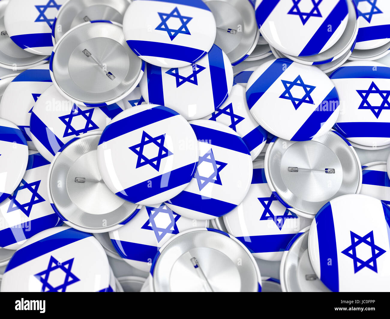 Top view on pile of button badges with flag of Israel. Realistic 3d ...