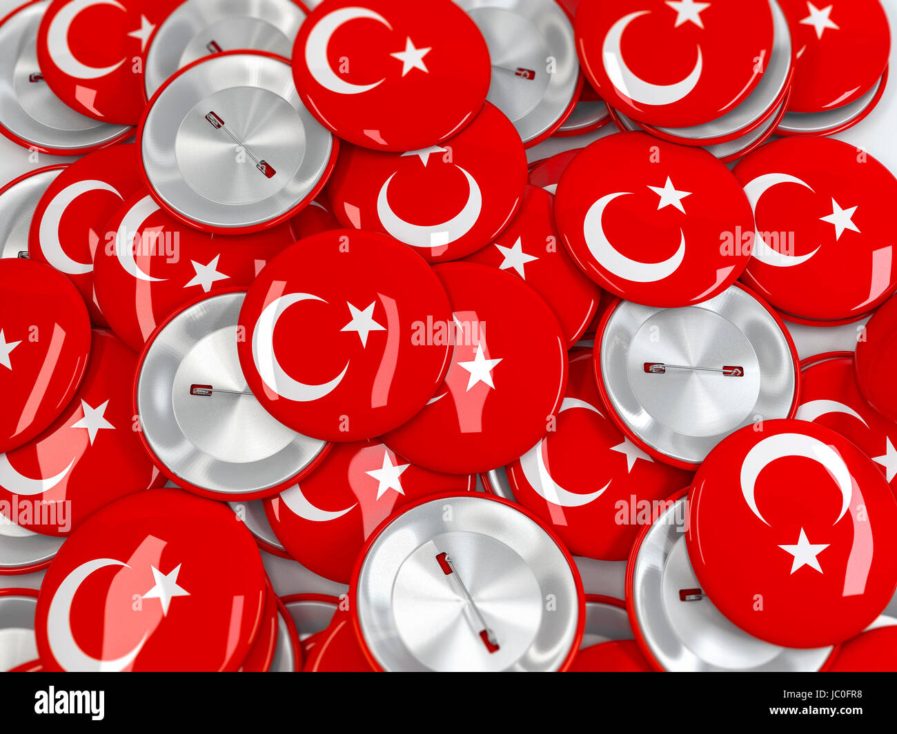 Pile of button badges with flag of Turkey. 3d realistic render Stock ...