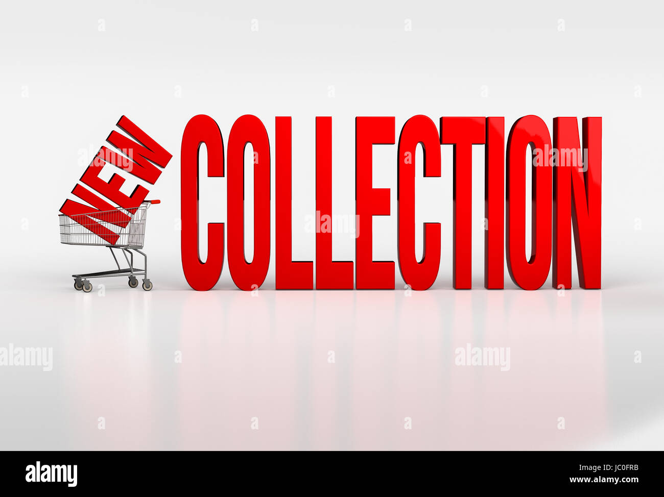 Big red new collection text in shopping cart on white background. 3d ...