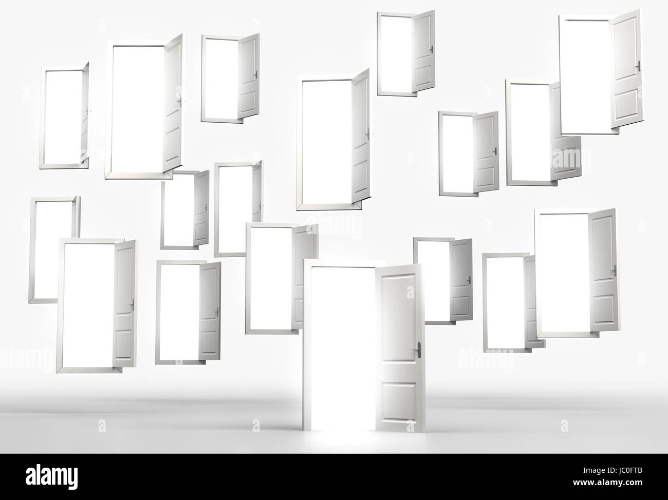 Many flying open doors with bright light shining through them. Concept ...