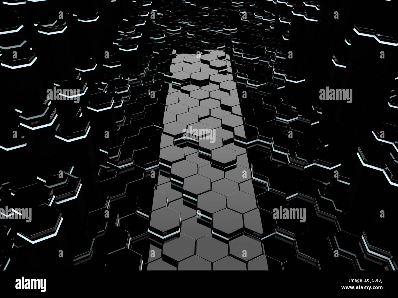 Abstract 3d interior with glossy hexagonal floor an illuminating ...