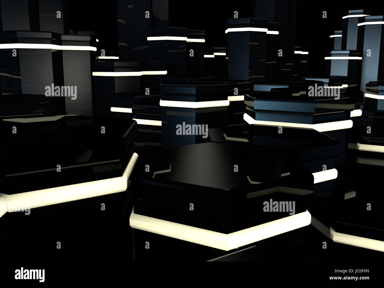3D black surface with glowing hexagonal stone columns Stock Photo - Alamy