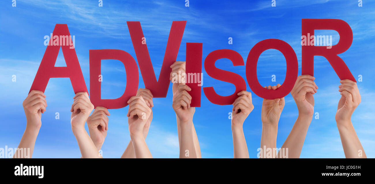 Many Hands Holding the Word Advisor in the Sky Stock Photo - Alamy