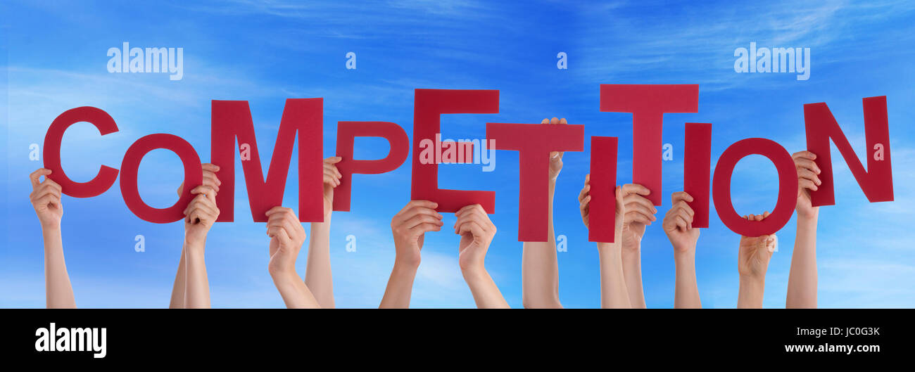 Many Hands Holding the Word Competition in the Sky Stock Photo - Alamy