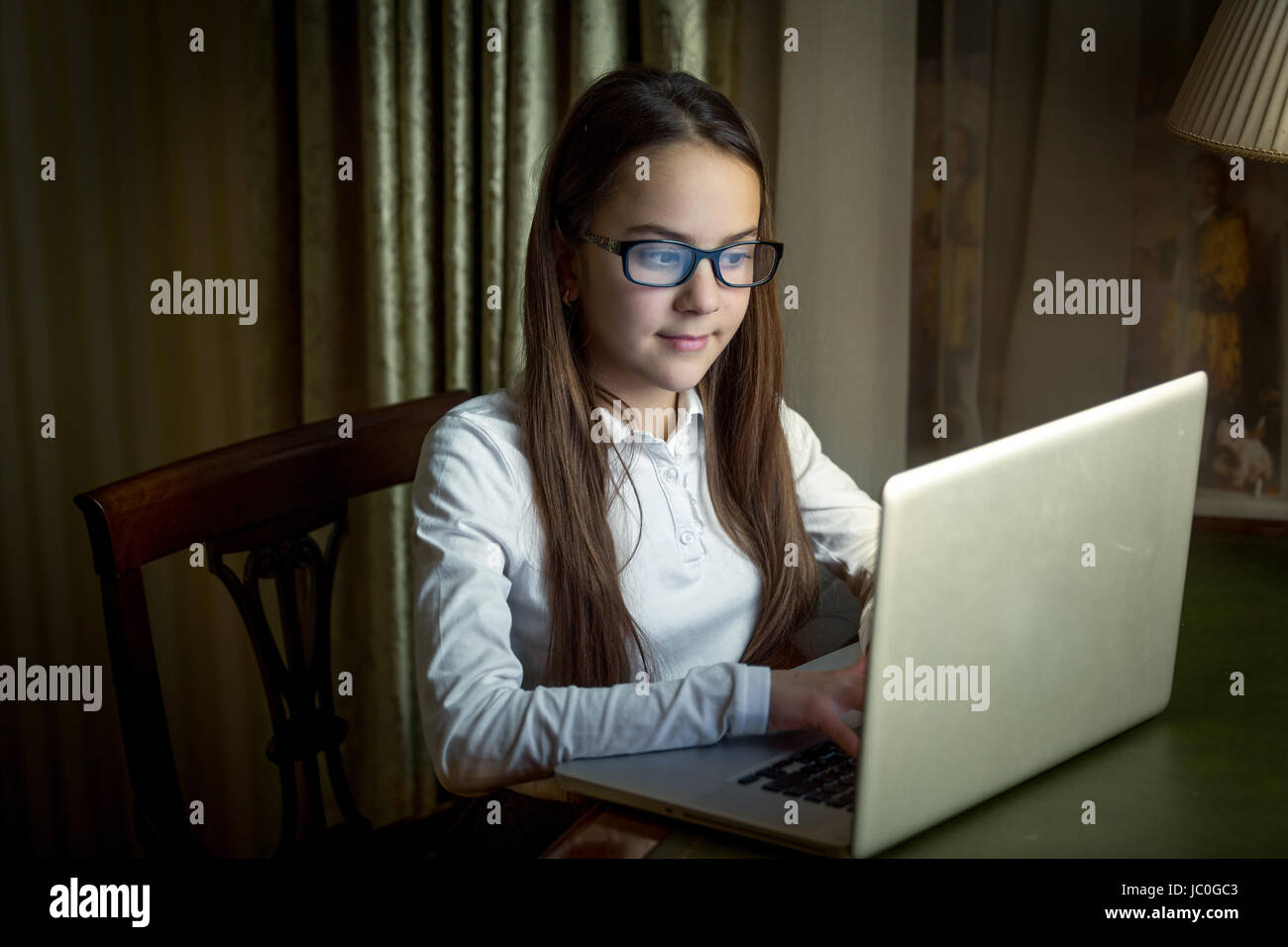 Portrait of beautiful young girl using laptop at late evening Stock ...