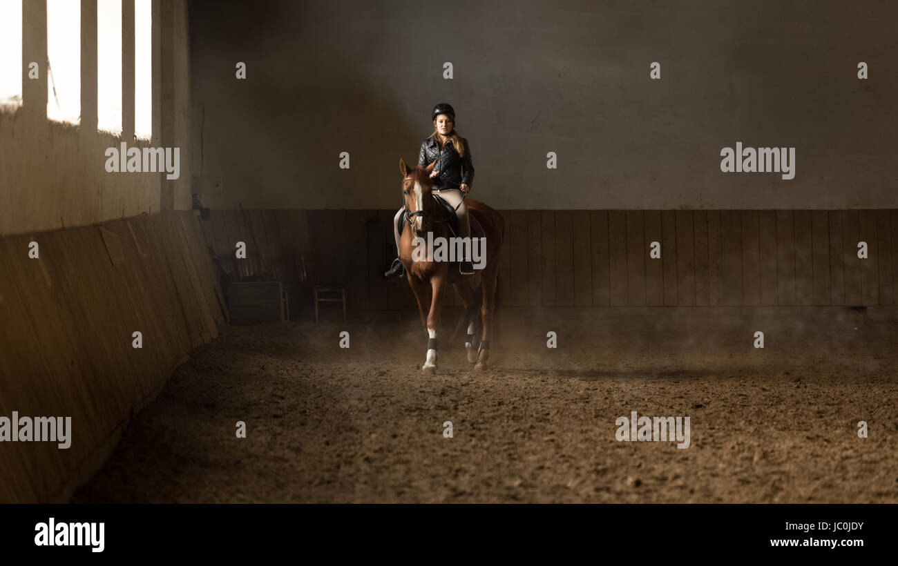 Young woman and her horse riding hall hi-res stock photography and ...