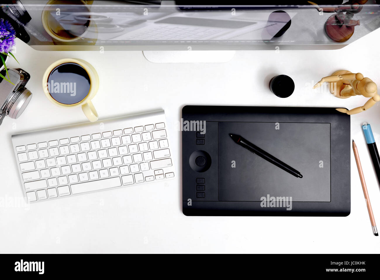 Designer desk , Stylish workspace with computer , creative stuff on ...