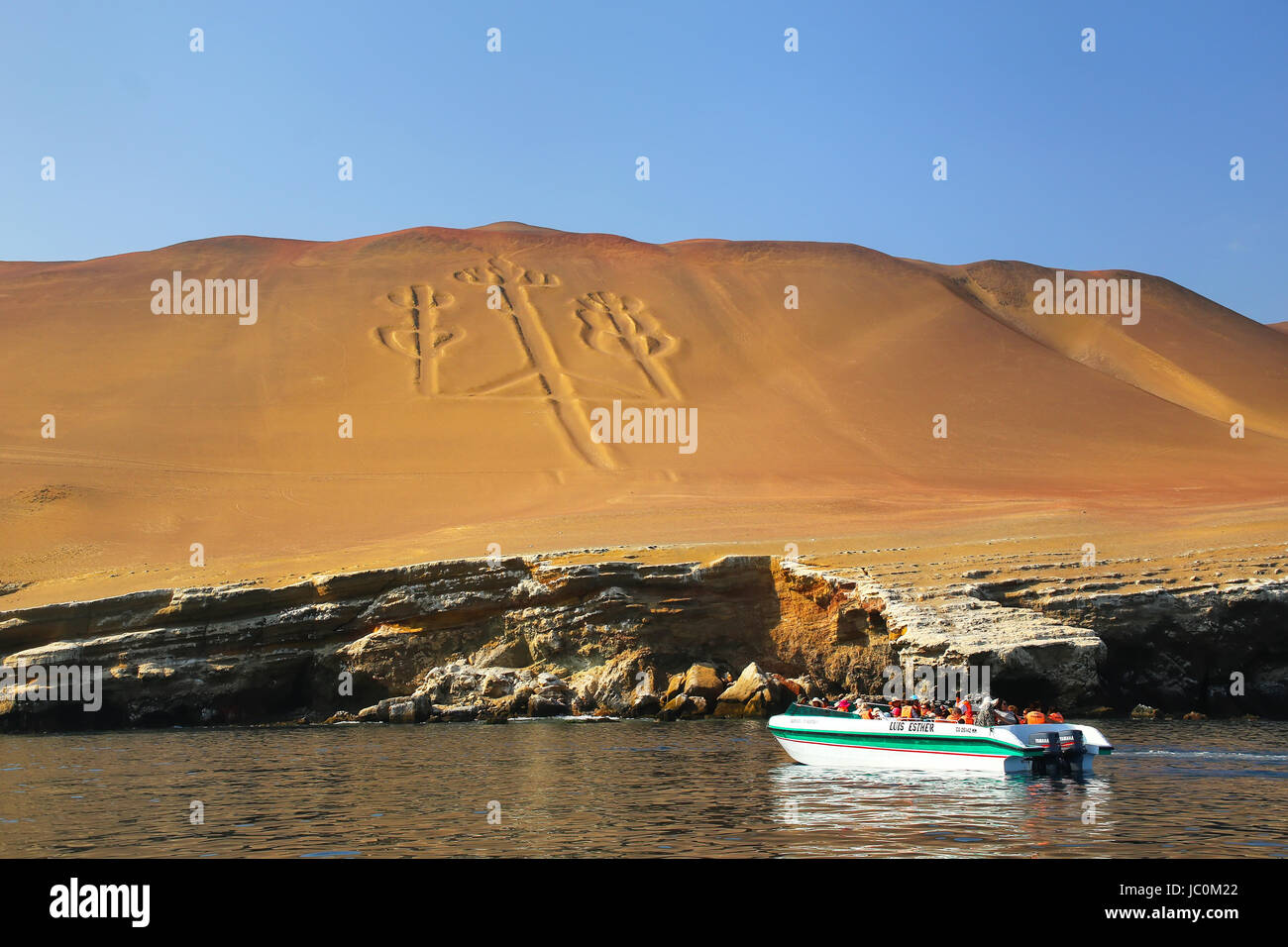 Tourist group in a boat near Candelabra of the Andes in Pisco Bay, Peru ...