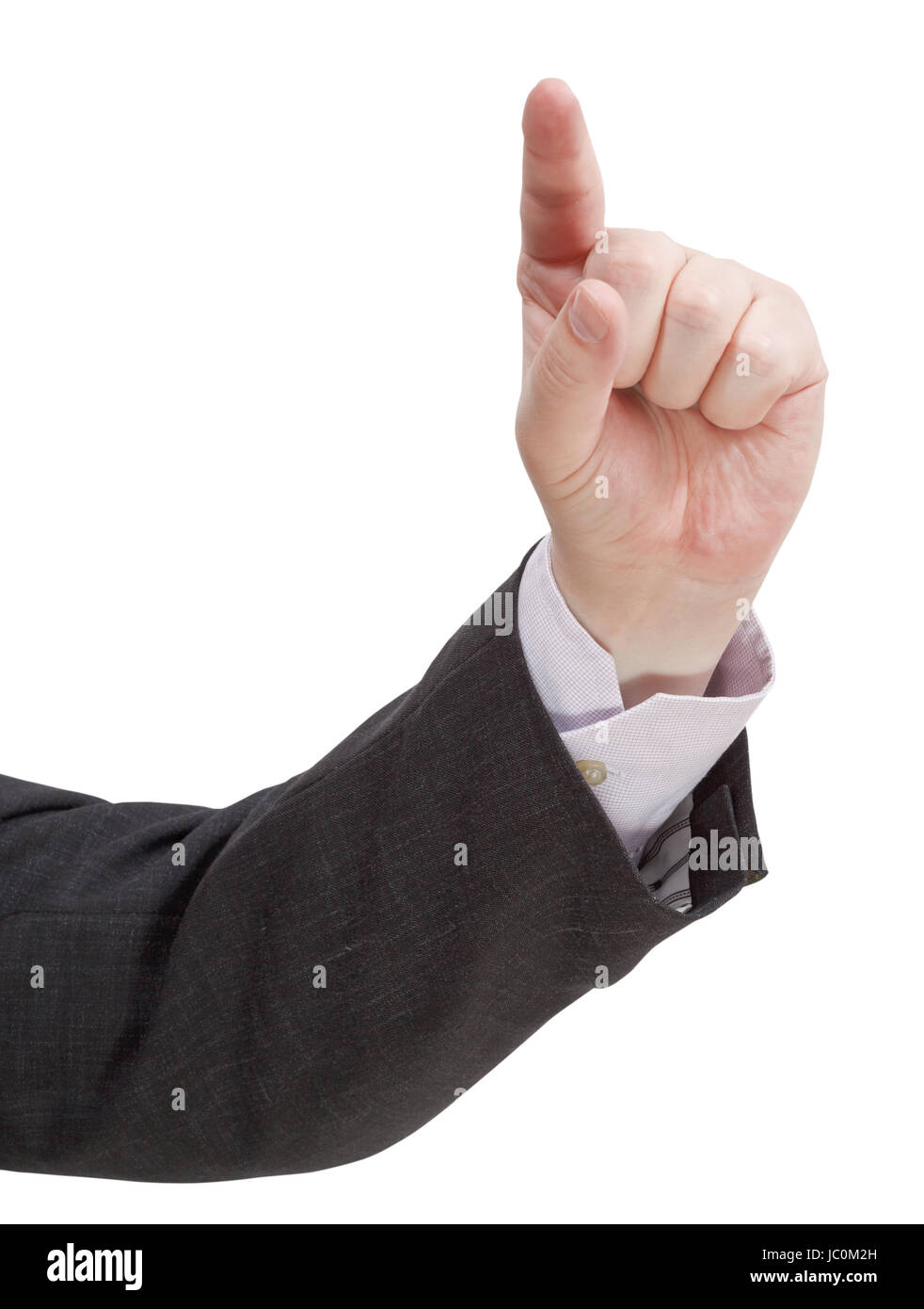 direct view of pressing forefinger - hand gesture isolated on white ...