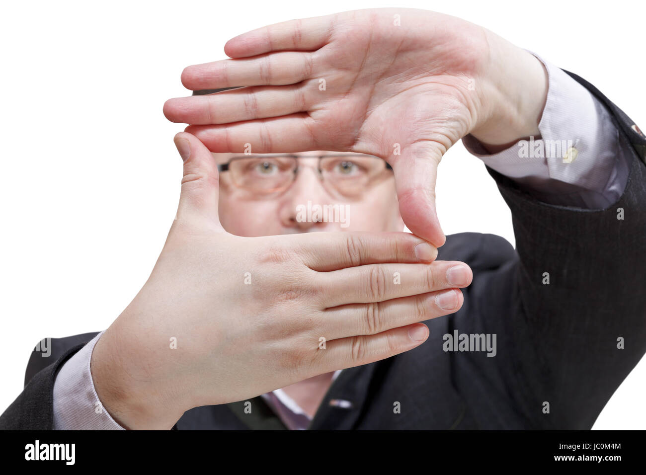 looking through fingers framing - hand gesture isolated on white ...