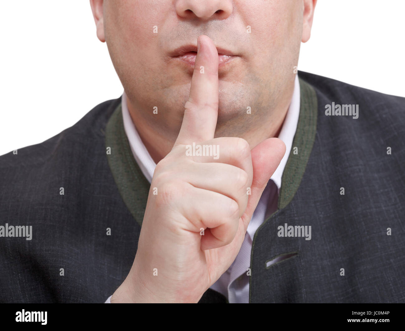 businessman's finger near lips - silence hand gesture isolated on white ...