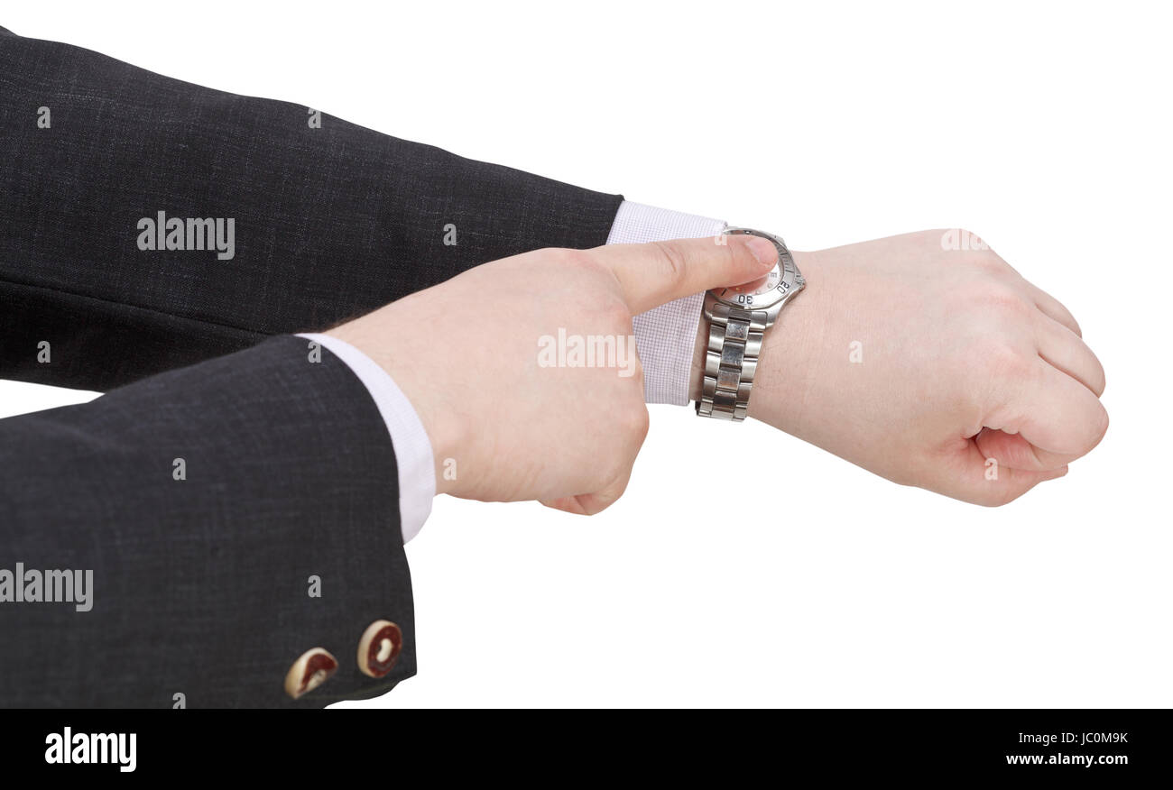 businessman show current time on watch - hand gesture isolated on white ...