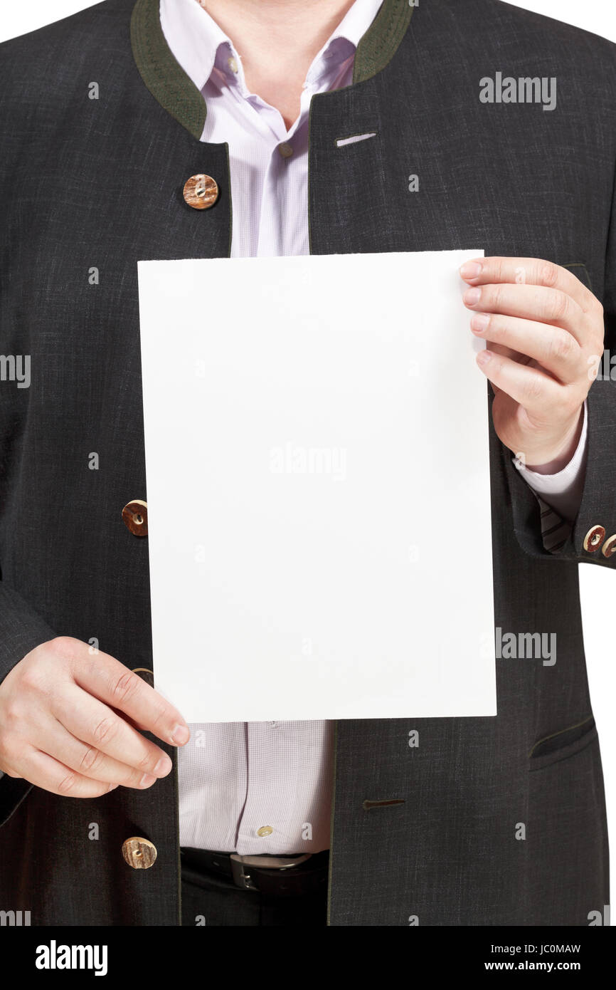 instructor holds blank sheet of paper in hands isolated on white ...