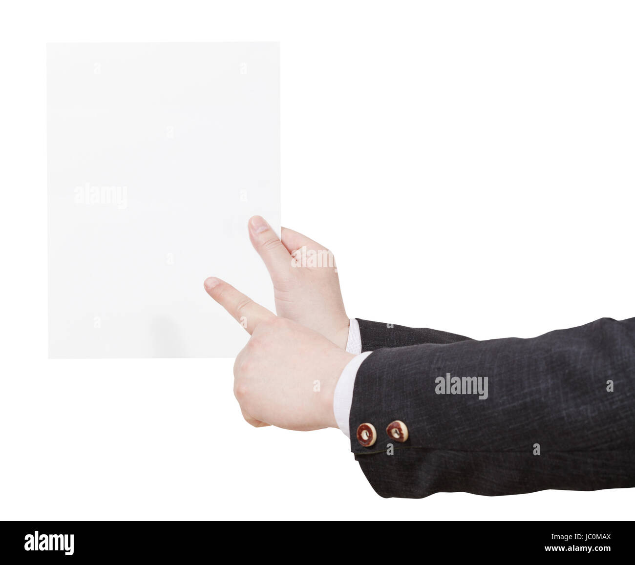 blank sheet of paper in instructor hand isolated on white background ...