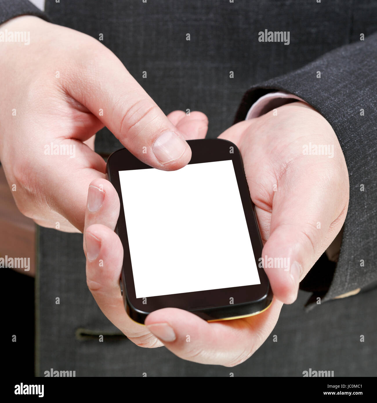 touchscreen mobile phone with cut out screen in businessman hand Stock ...
