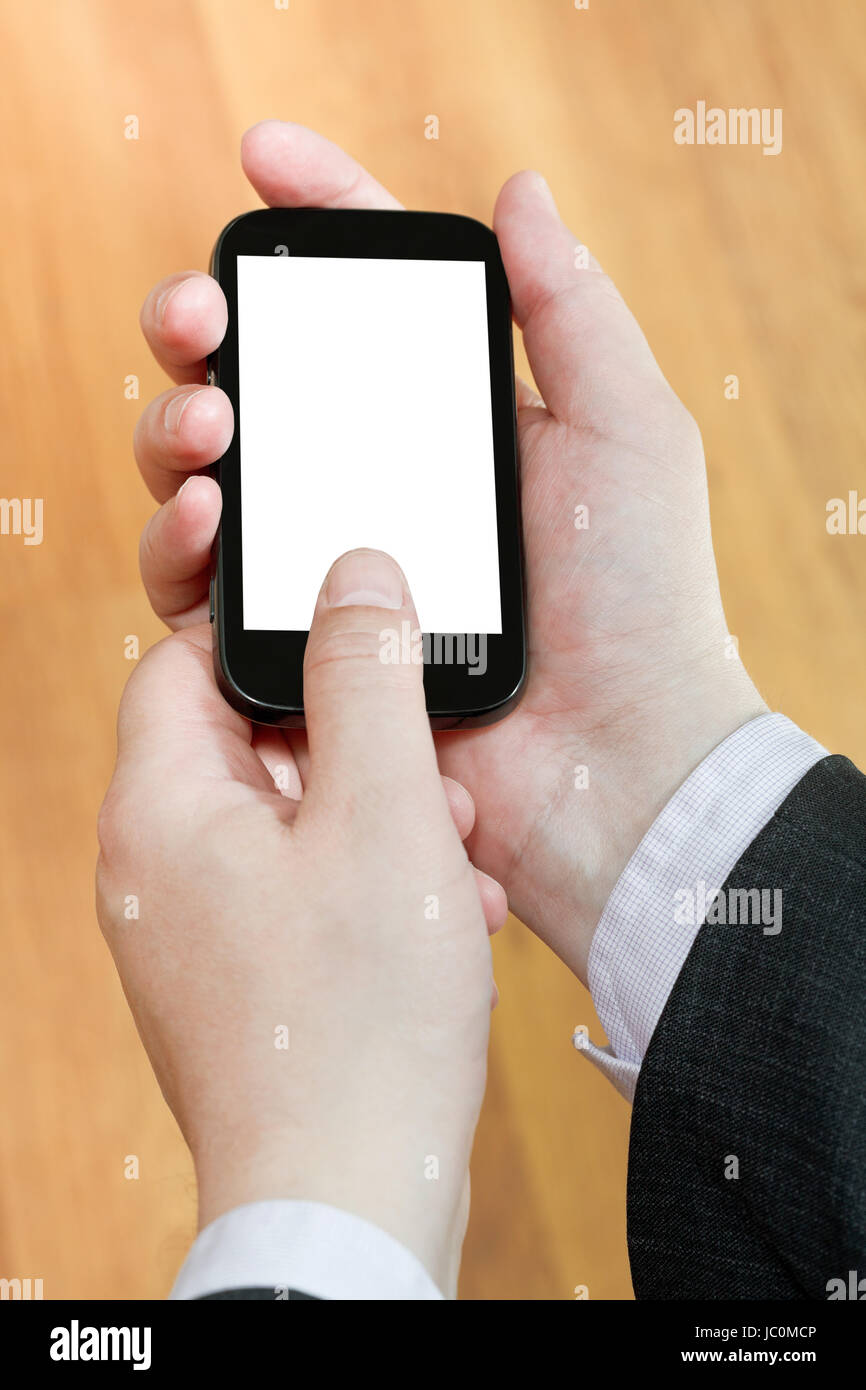 smart phone with cut out screen in businessman hands close up Stock ...
