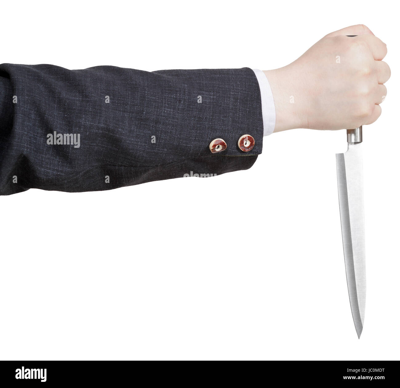 side view of knife in businessman hand isolated on white background ...