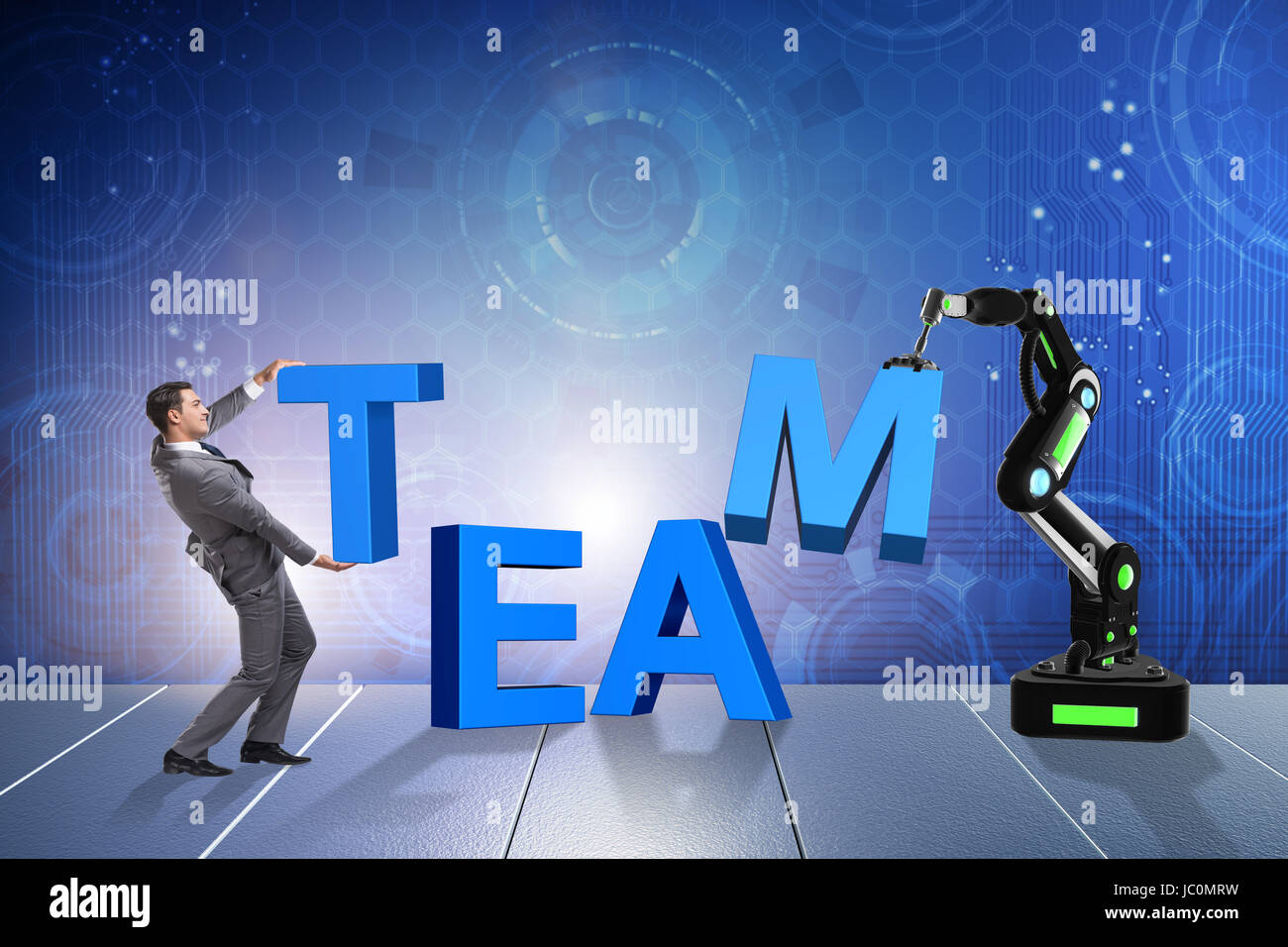 Man and robotic arm in teamwork concept Stock Photo - Alamy