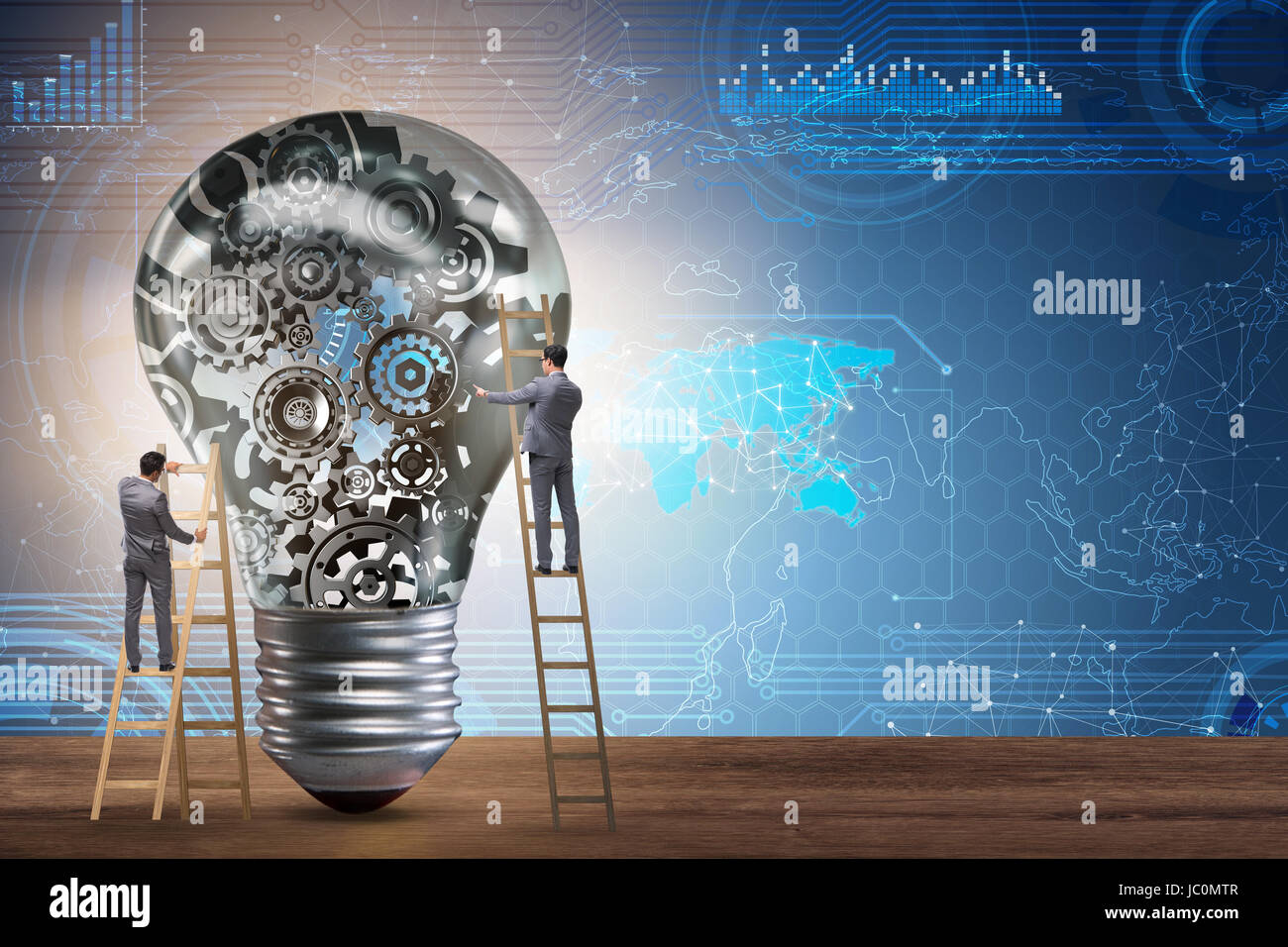 Businessman on ladder repairing light bulb Stock Photo - Alamy