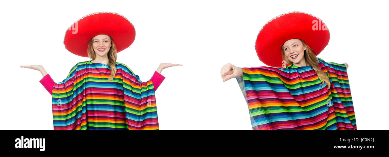 Pretty girl in mexican poncho isolated on white Stock Photo - Alamy