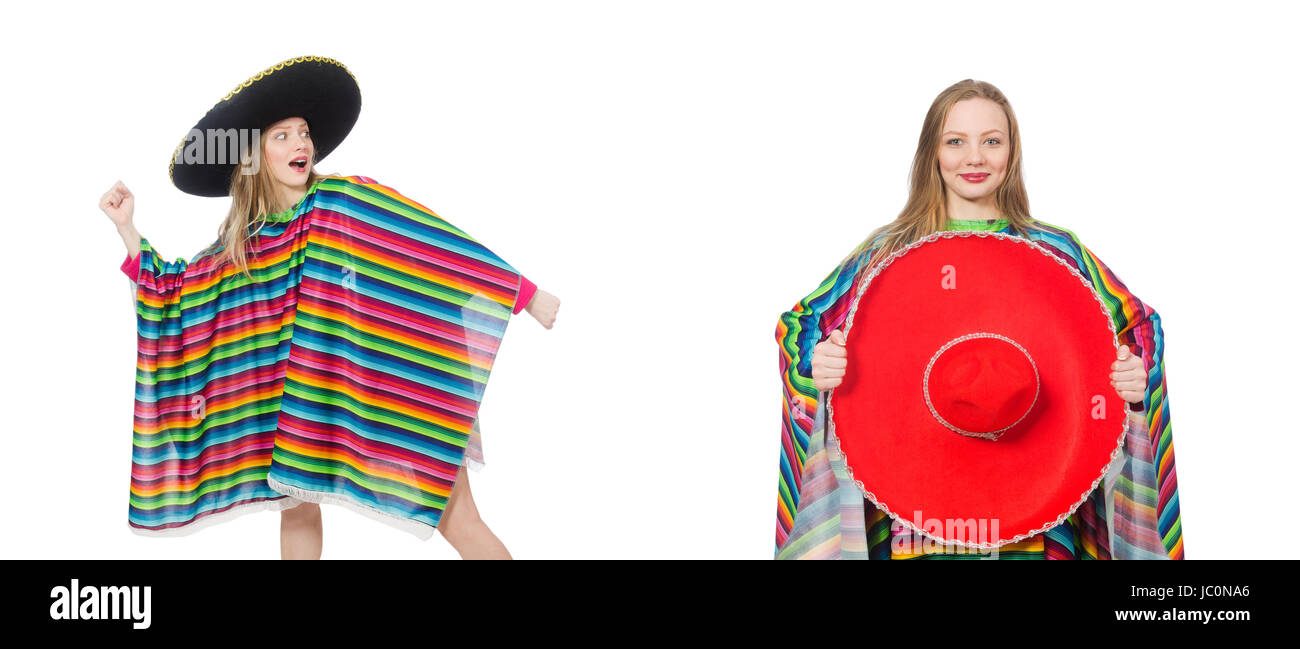 Pretty girl in mexican poncho isolated on white Stock Photo - Alamy