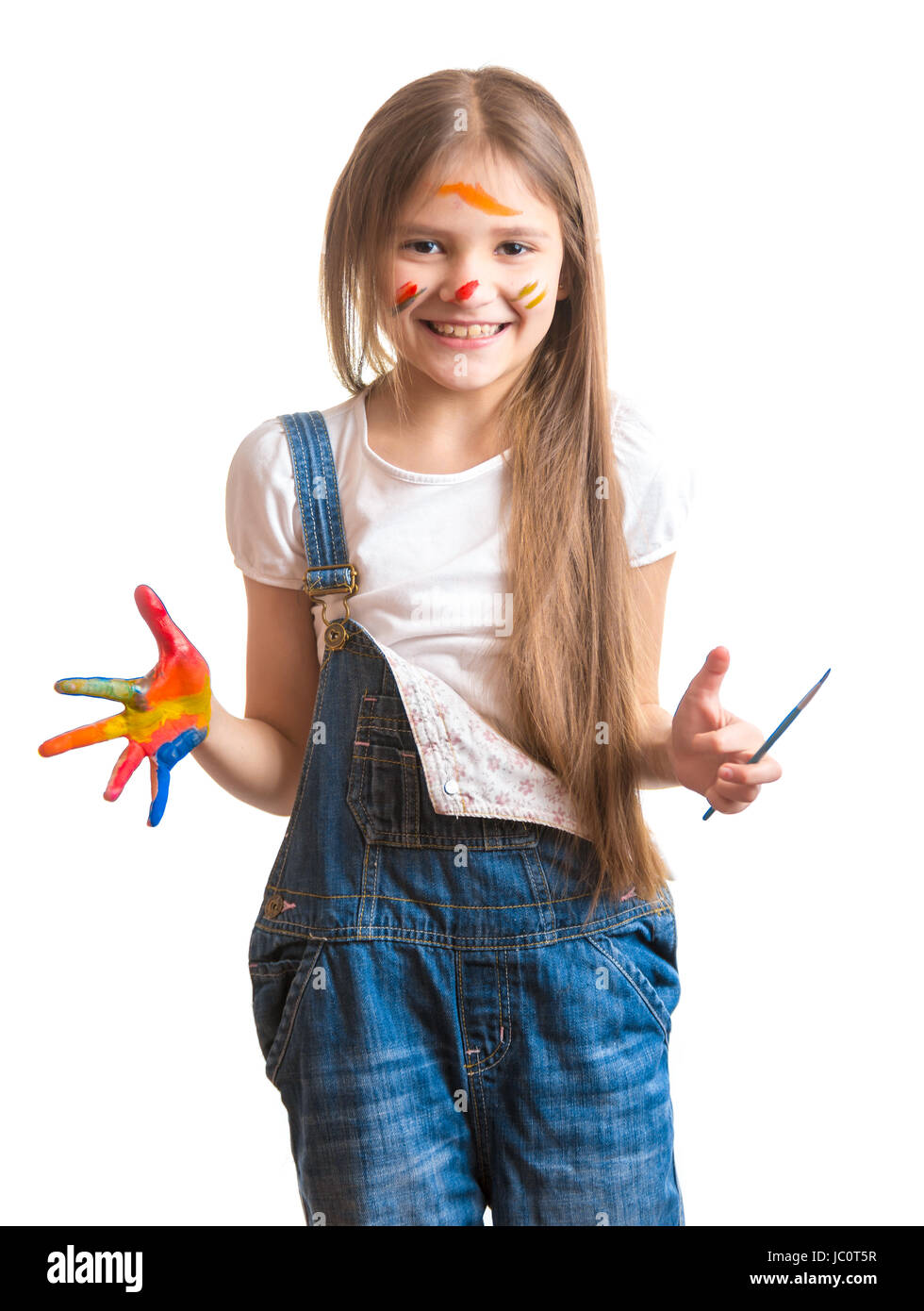 Portrait of laughing girl with painted face over white background Stock ...