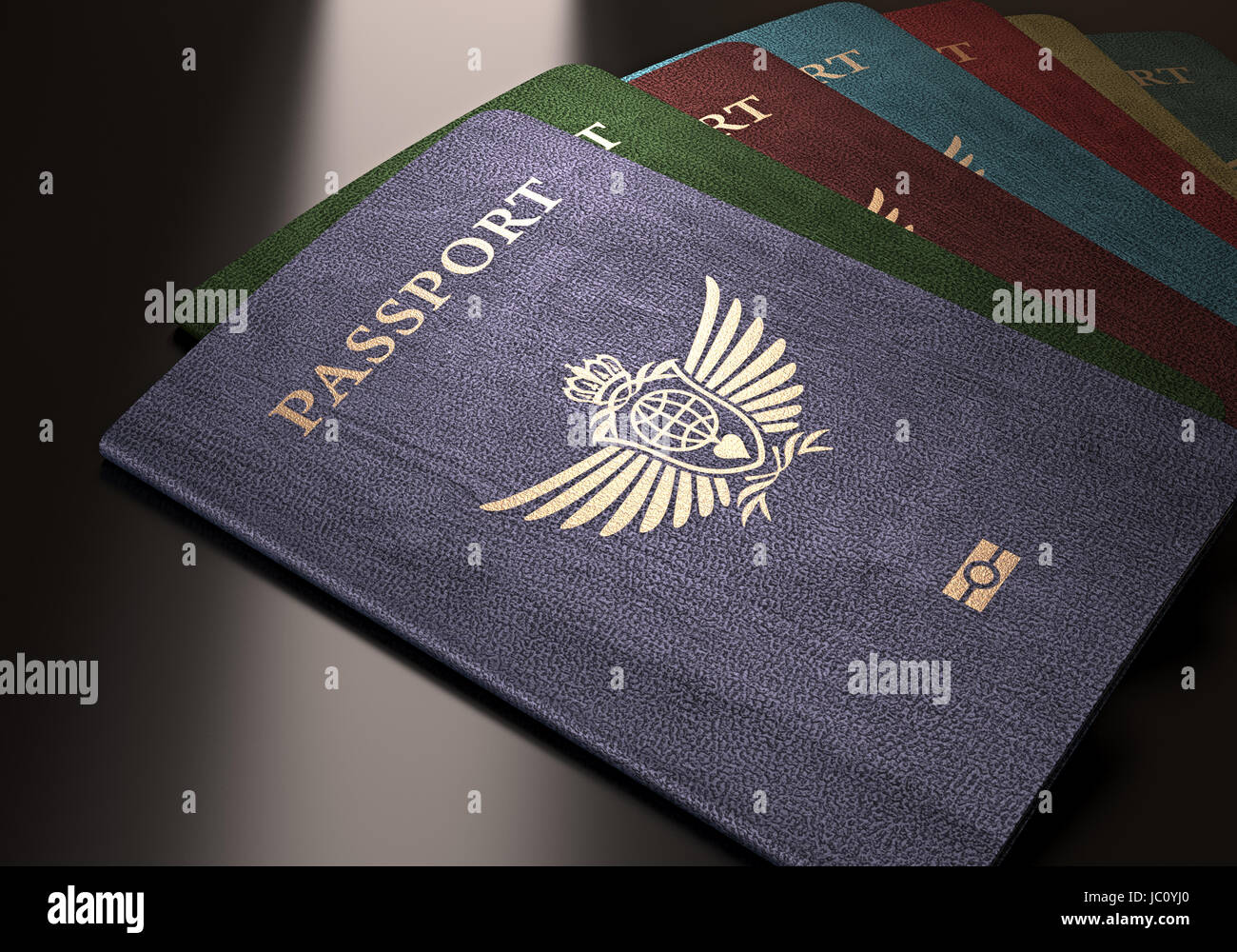 Colorful passports on a dark reflective table Stock Photo - Alamy