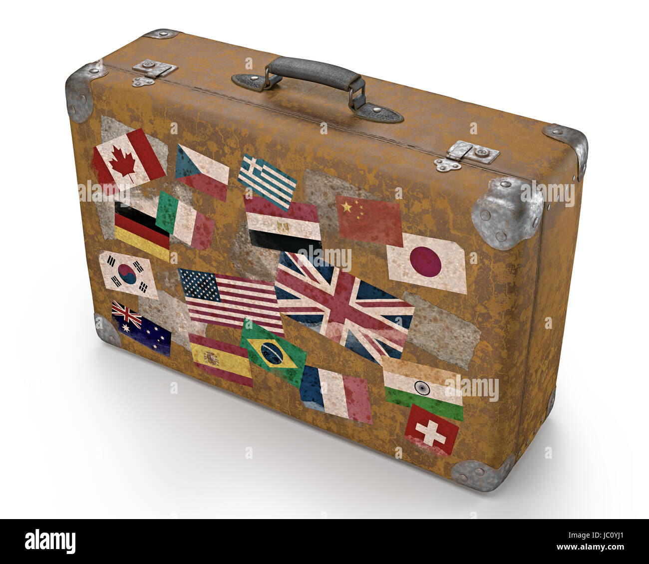Antique suitcase with stamps flags representing each country traveled ...