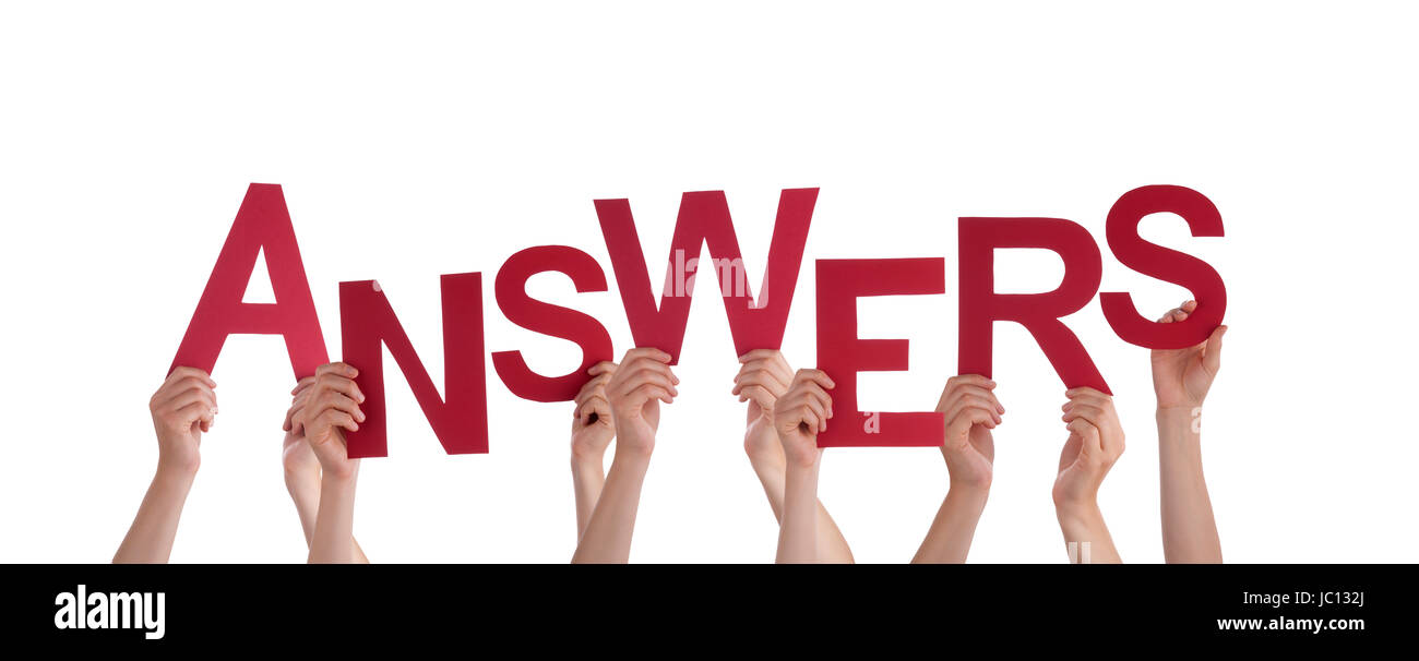 Many Hands Holding the Red Word Answers, Isolated Stock Photo - Alamy