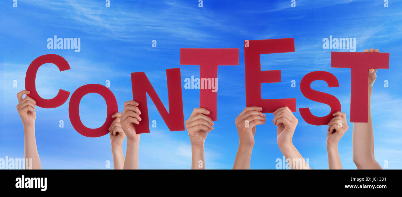 Many Hands Holding the Word Contest in the Sky Stock Photo - Alamy
