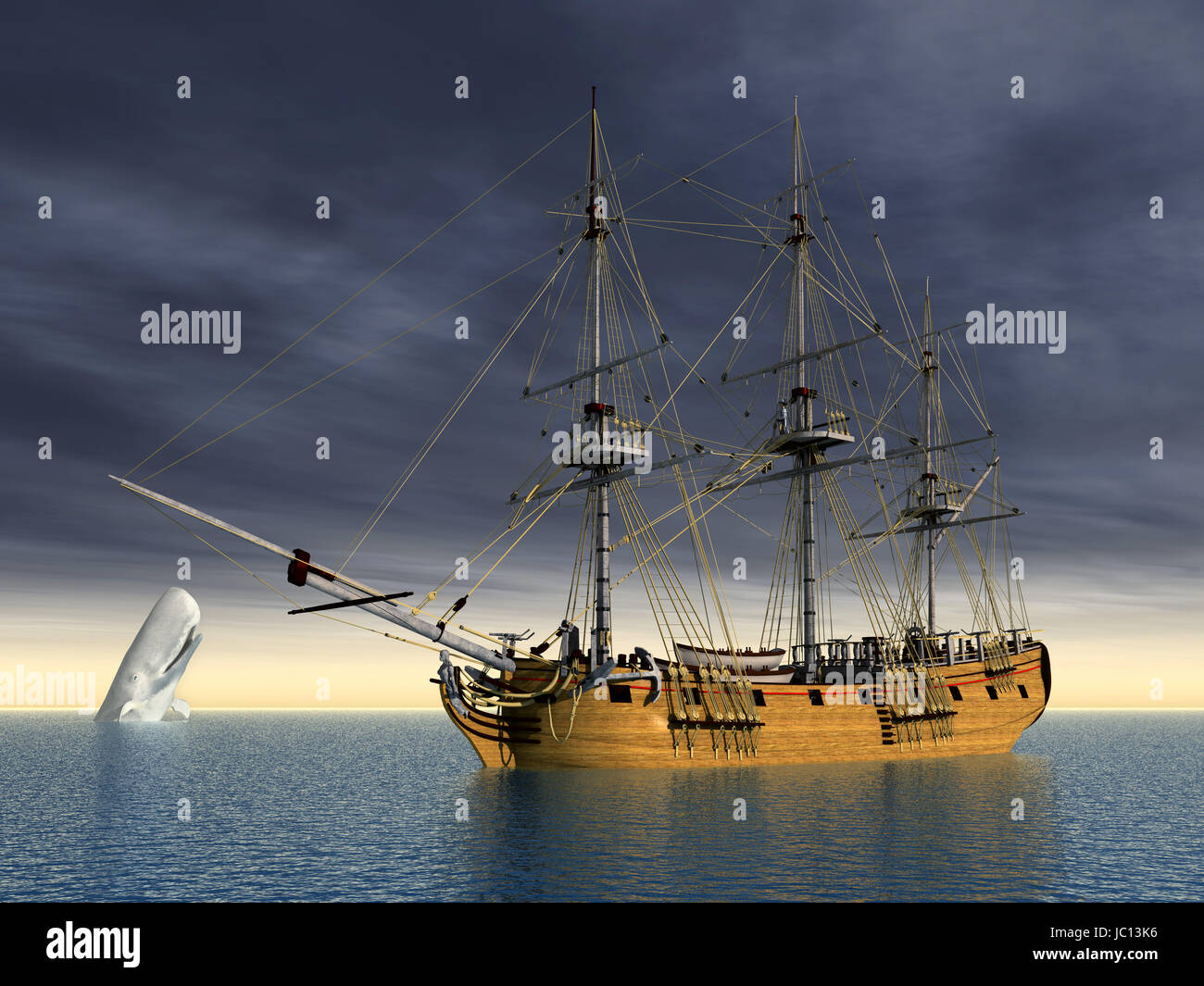 white whale and whaling ship Stock Photo - Alamy