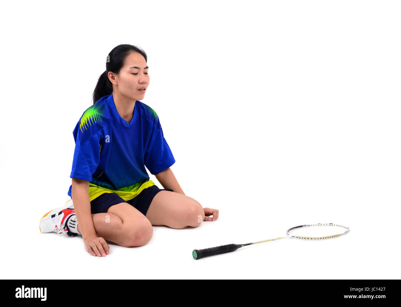 badminton player in action isolated on white background Stock Photo - Alamy