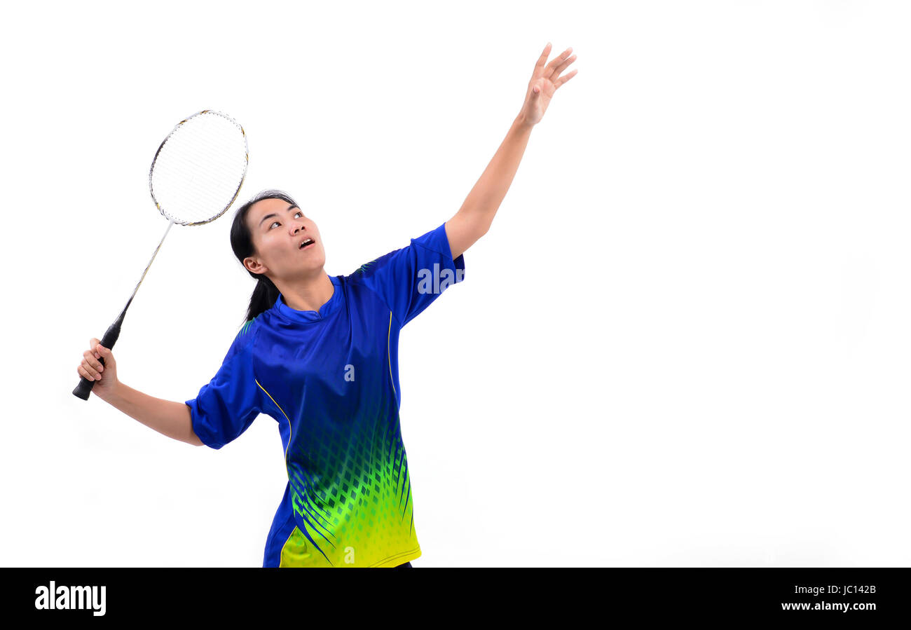 badminton player in action isolated on white background Stock Photo - Alamy