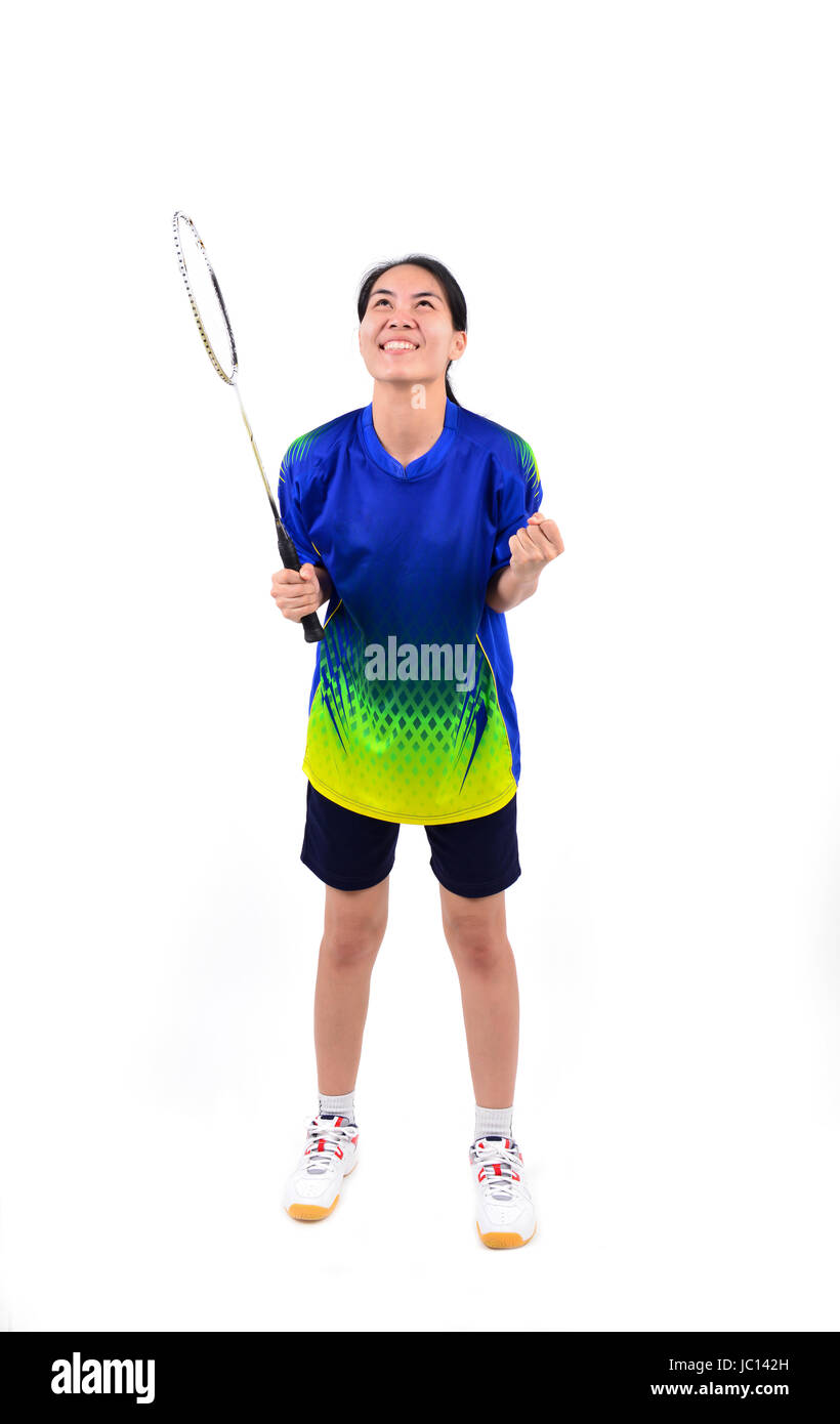 badminton player in action isolated on white background Stock Photo - Alamy