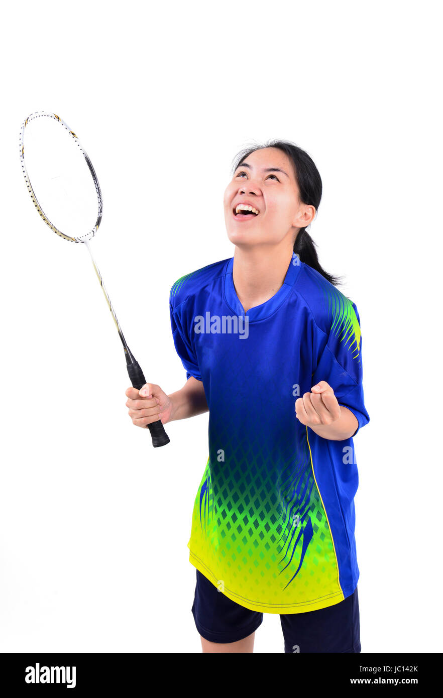 badminton player in action isolated on white background Stock Photo - Alamy