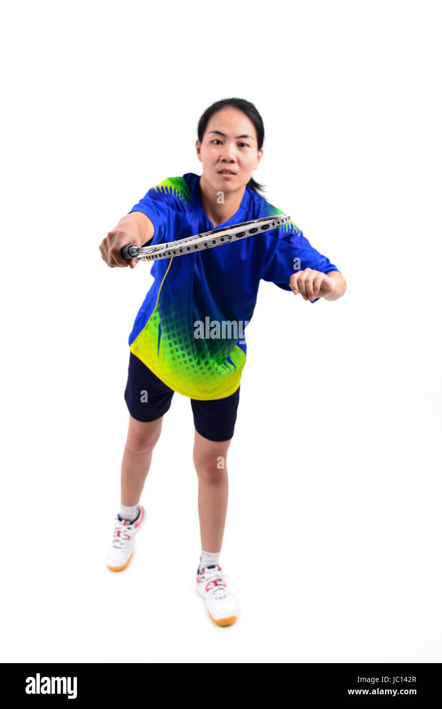 badminton player in action isolated on white background Stock Photo - Alamy