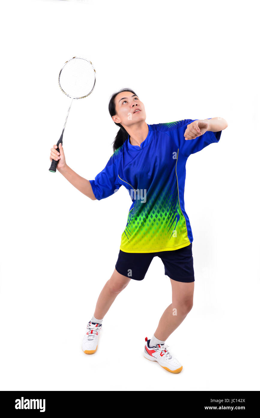badminton player in action isolated on white background Stock Photo - Alamy