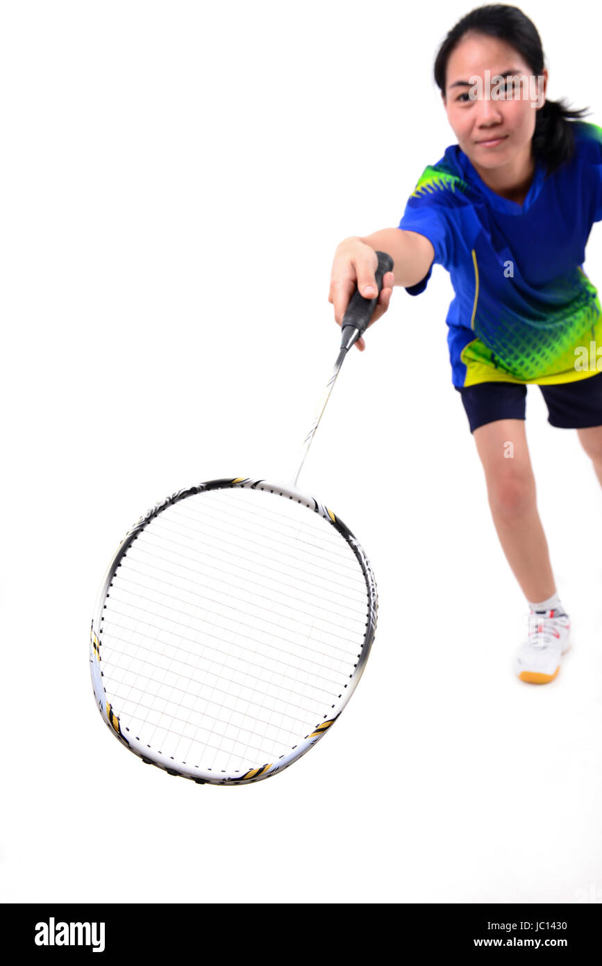 badminton player in action isolated on white background Stock Photo - Alamy