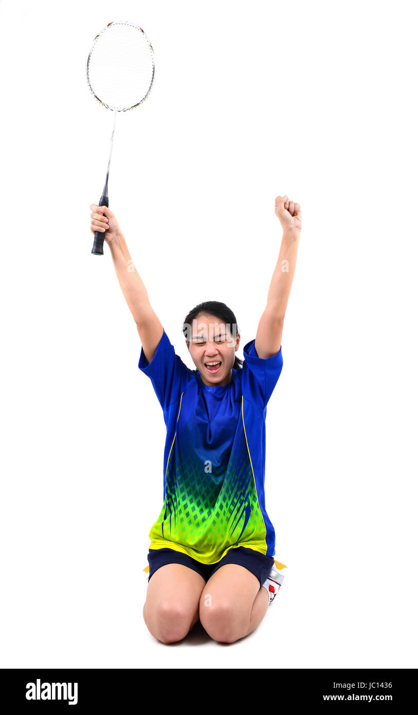 badminton player in action isolated on white background Stock Photo - Alamy
