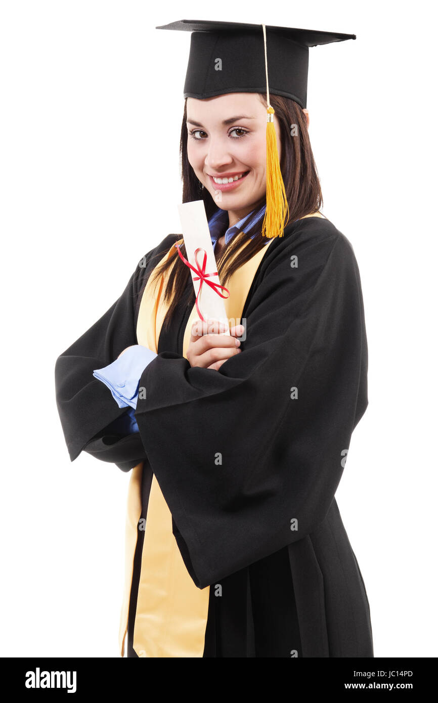 Stock image of female university graduate isolated on white background ...