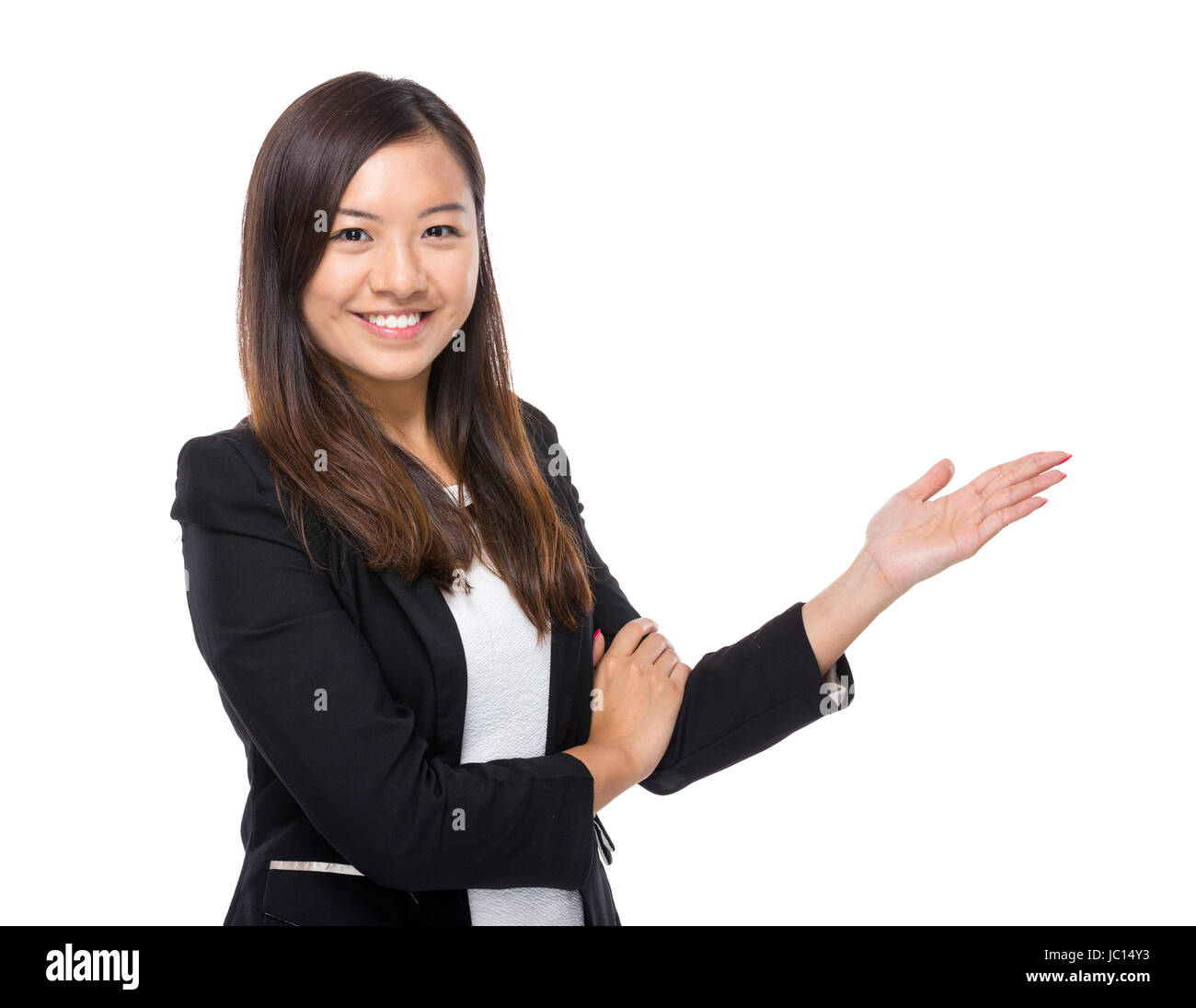 Asian business woman with hand presentation Stock Photo - Alamy