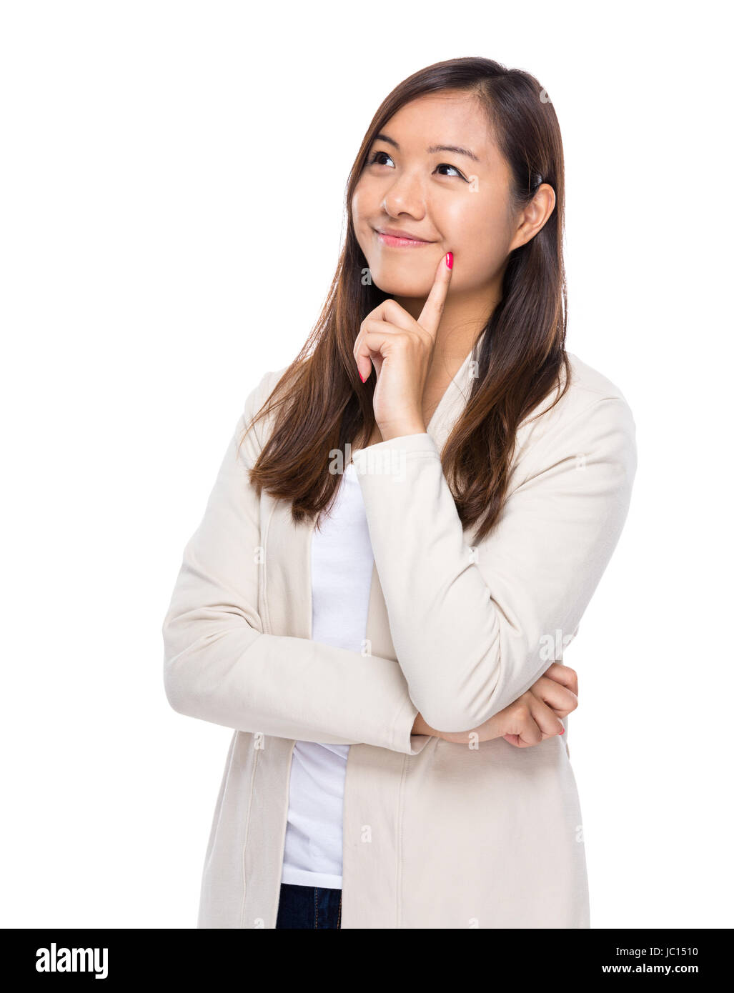 Asian woman think of idea Stock Photo - Alamy